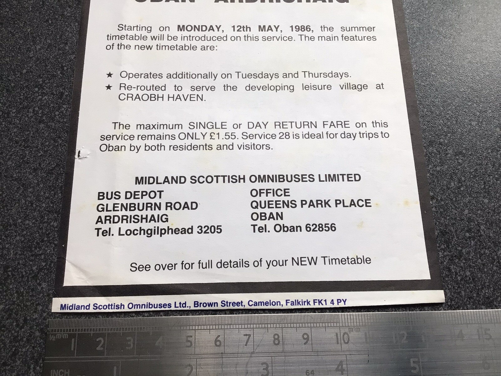 Midland Scottish Bus Group Route 28 Timetable May 1985 Oban Ardrishaig ...