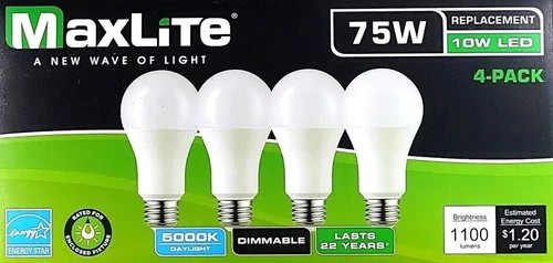 MaxLite 4PK 75W Replacement A19 Dimmable 10W LED Bulb 5000K Daylight ...