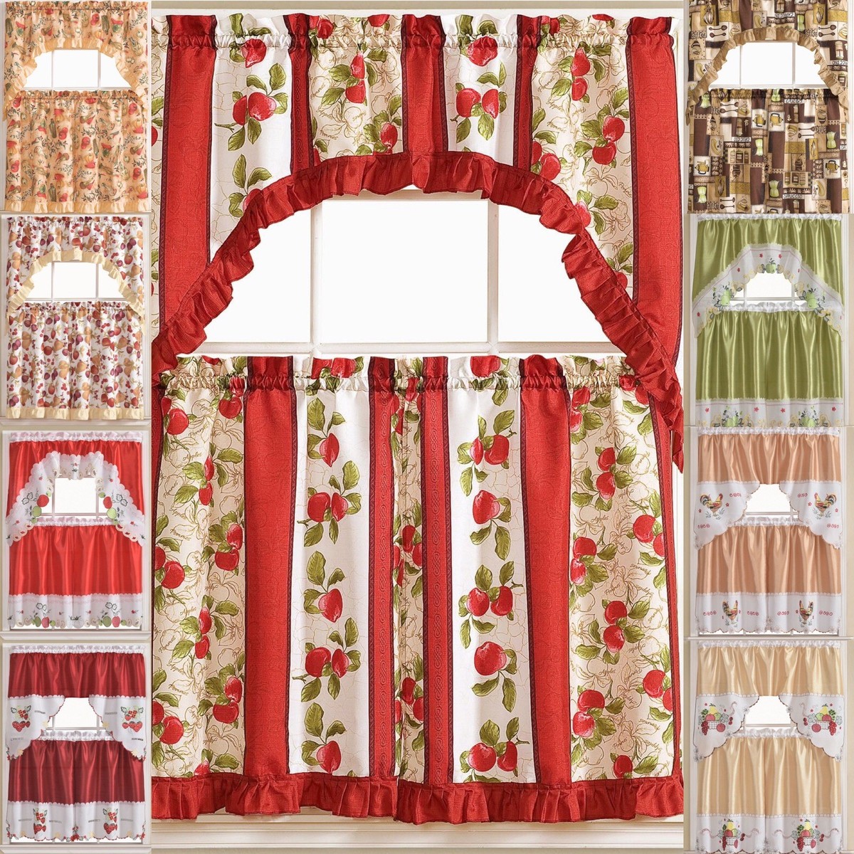 Red Kitchen Curtain Sets 3pc. Kitchen Curtains Set:2