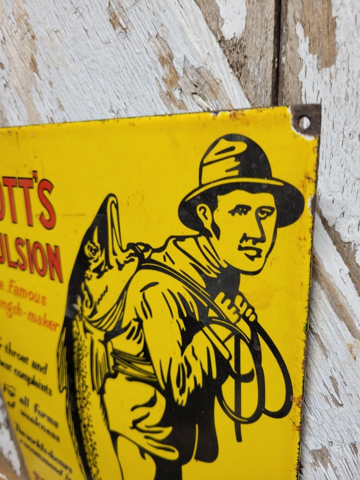 VINTAGE SCOTTS EMULSION PORCELAIN SIGN OLD HEATLH RE.EBY MEDICINE ...