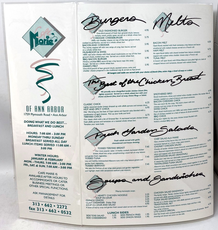 1990s Cafe Café Marie Restaurant Menu 1759 Plymouth Road Ann Arbor ...