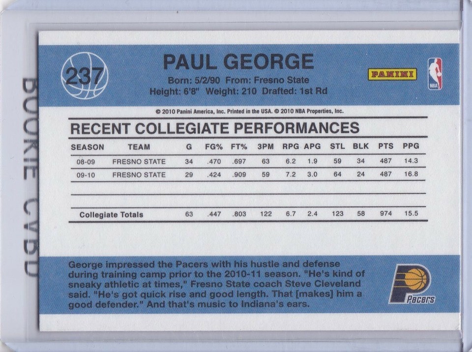 PAUL GEORGE ROOKIE CARD 2009 Donruss RATED $$ RC Basketball Pacers LA ...