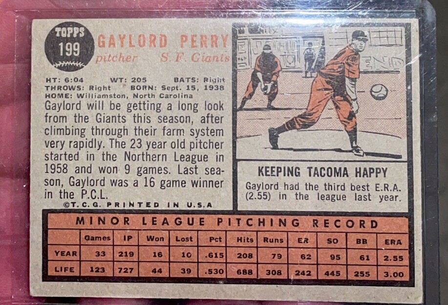 1962 TOPPS BASEBALL GAYLORD PERRY ROOKIE CARD #199 | eBay