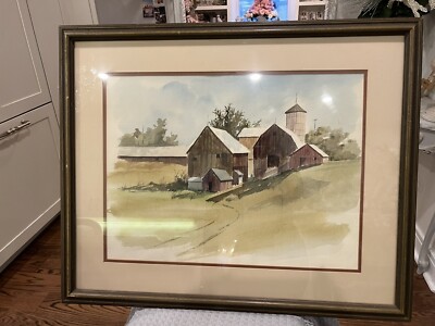 Henry John Vohs Watercolor Painting Barn Art Frame Wood Vtg Farm ...