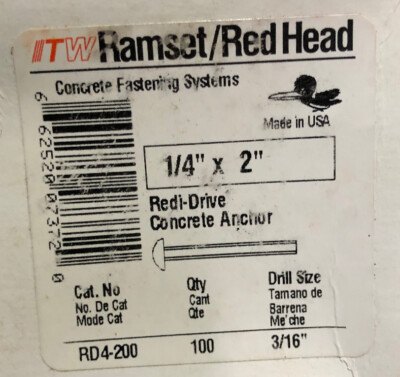 (BOX OF 100) Ramset / Red Head 1/4” x 2” Redi-Drive Concrete Anchor RD4 ...
