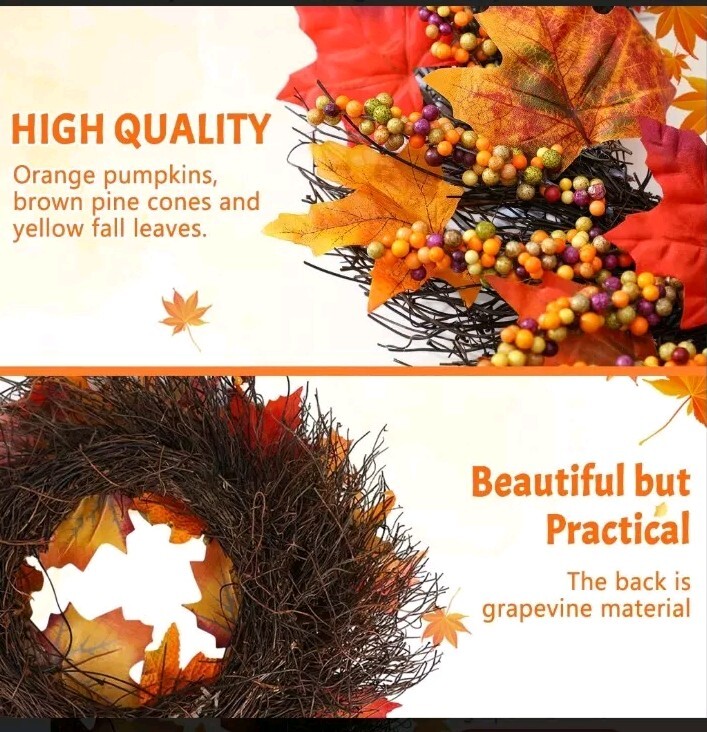 17.5" Fall Wreath, Centerpiece Yellow & Red Leaves, Berries, Maple ...