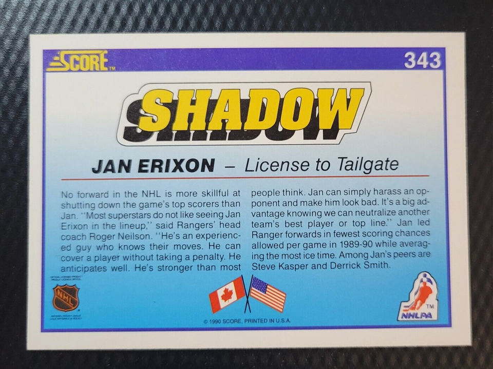 1990-91 Score American JAN ERIXON New York Rangers SHADOW Hockey Card ...