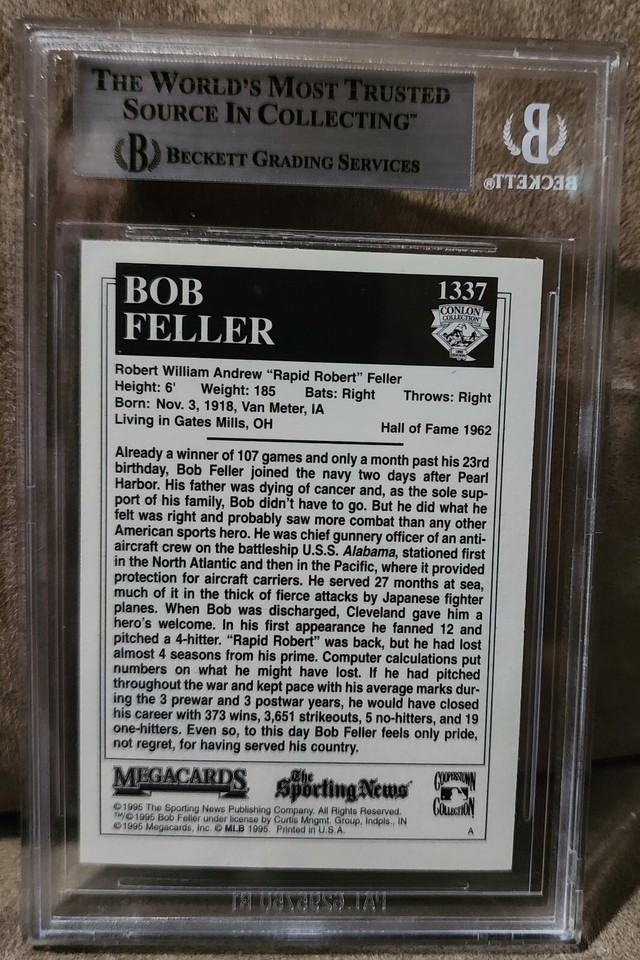 1995 Conlon Collection TSN #1337 Bob Rapid Robert Feller Signed Beckett ...