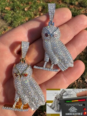 Iced MOISSANITE 925 Silver Gold Plated Hip Hop Owl Pendant Rapper OVO ...