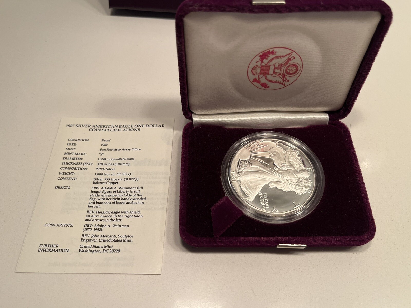1987-S PROOF ASE American Silver EAGLE Dollar Coin bullion 99.9% 1oz ...