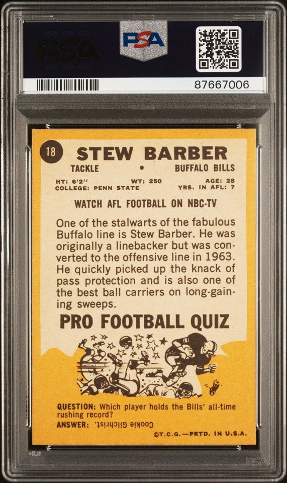 87667006 1967 Topps #18 Stew Barber PSA 9 Buffalo Bills | eBay