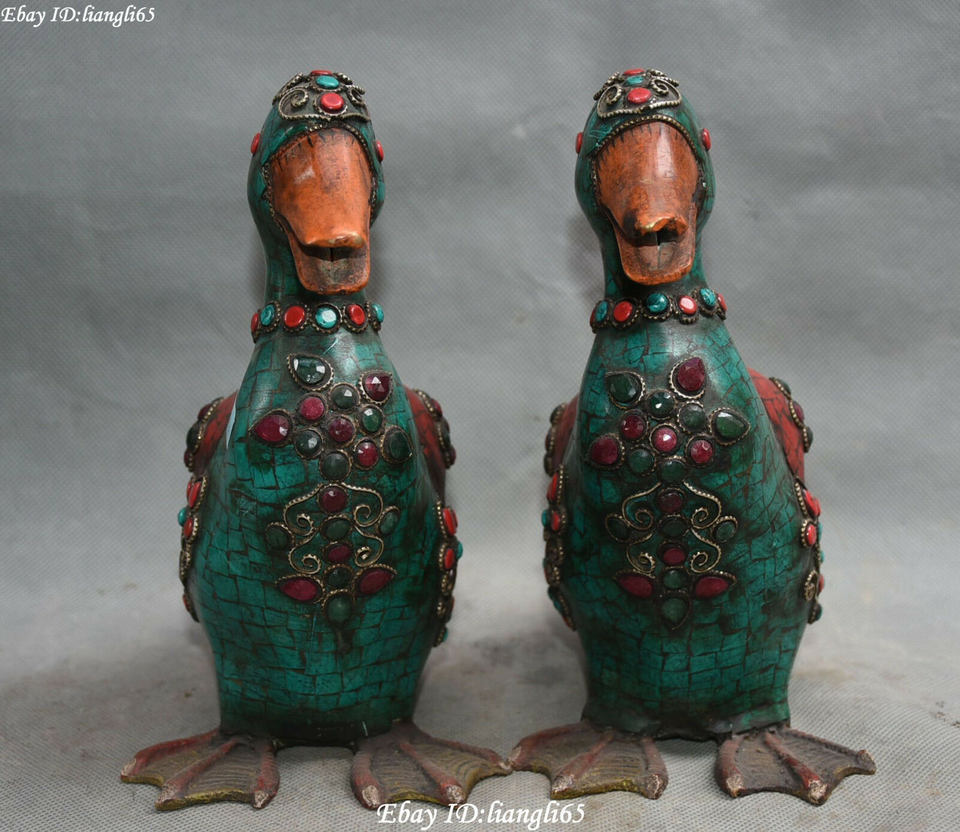 8" Old Chinese Turquoise Red Coral inlay Gem Duck Swan Bird Animal ...