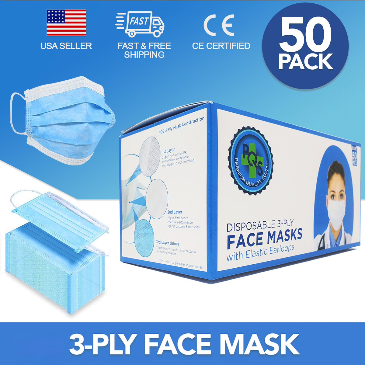 3-Ply Face Mask 50 PCS - Disposable, Breathable, Hypoallergenic ...