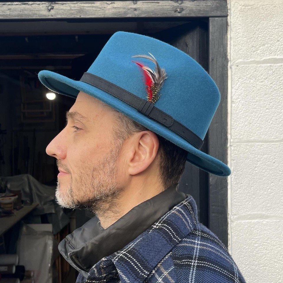 Handmade Royal Stallion Fedora Hat Teal Blue Feather Detail Size L ...