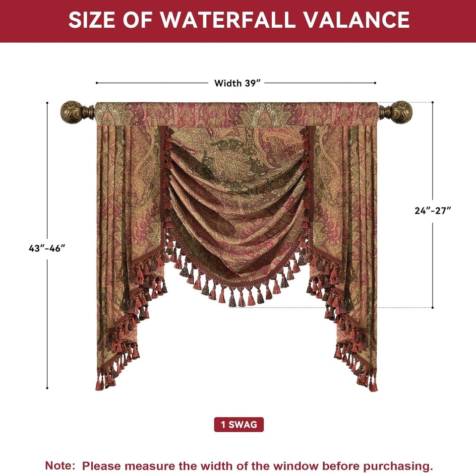 Burgundy Green Jacquard Floral Damask Swag Waterfall Valance Tassels ...