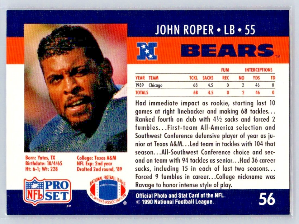 1990 Pro Set Series 1 Football - John Roper - Chicago Bears - Base ...