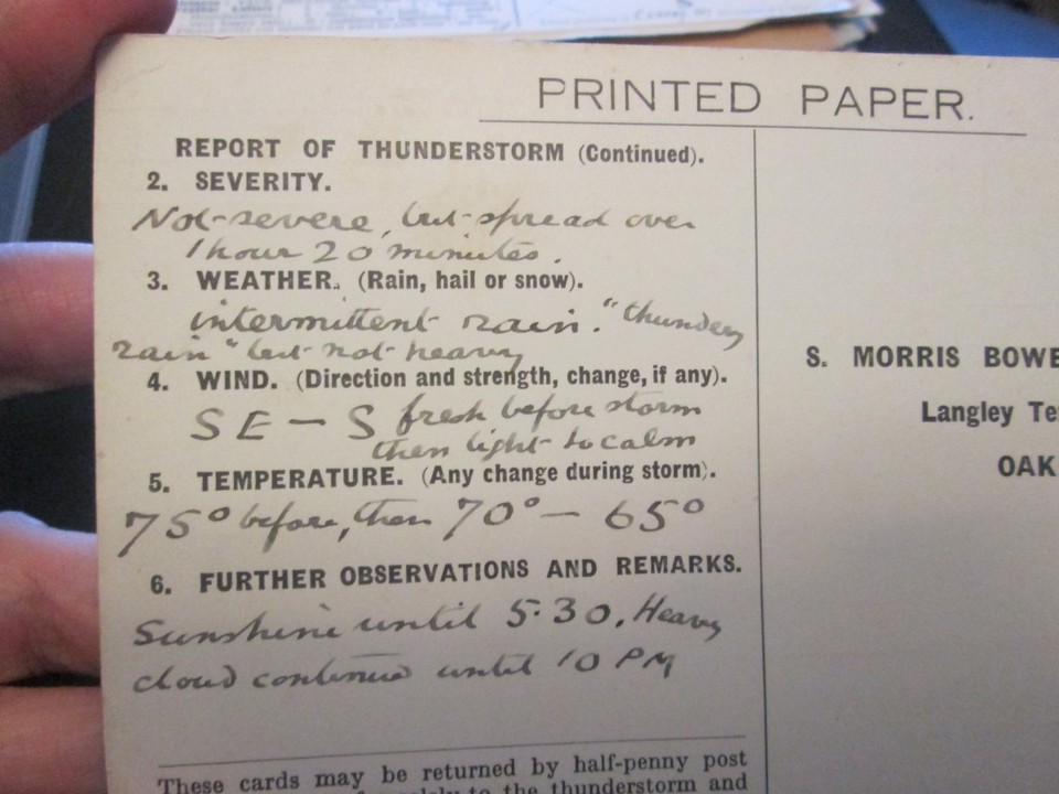 GB KGV printed Postcard Weather/Thunderstorm report 1933 Station 47SE ...
