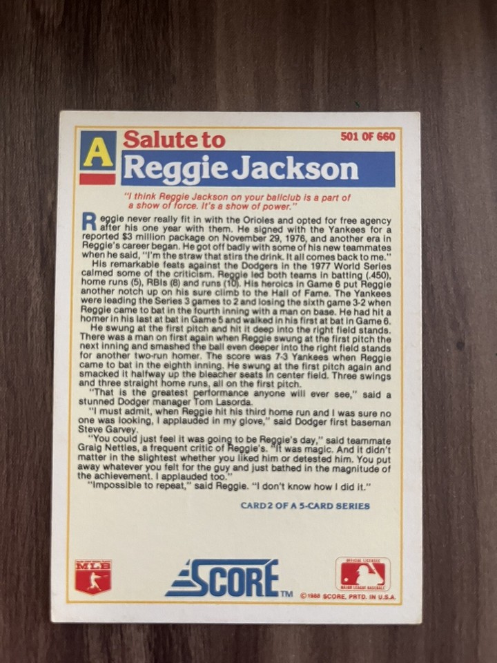 1988 Score Reggie Jackson 1976 Salute To Reggie Jackson Baltimore ...