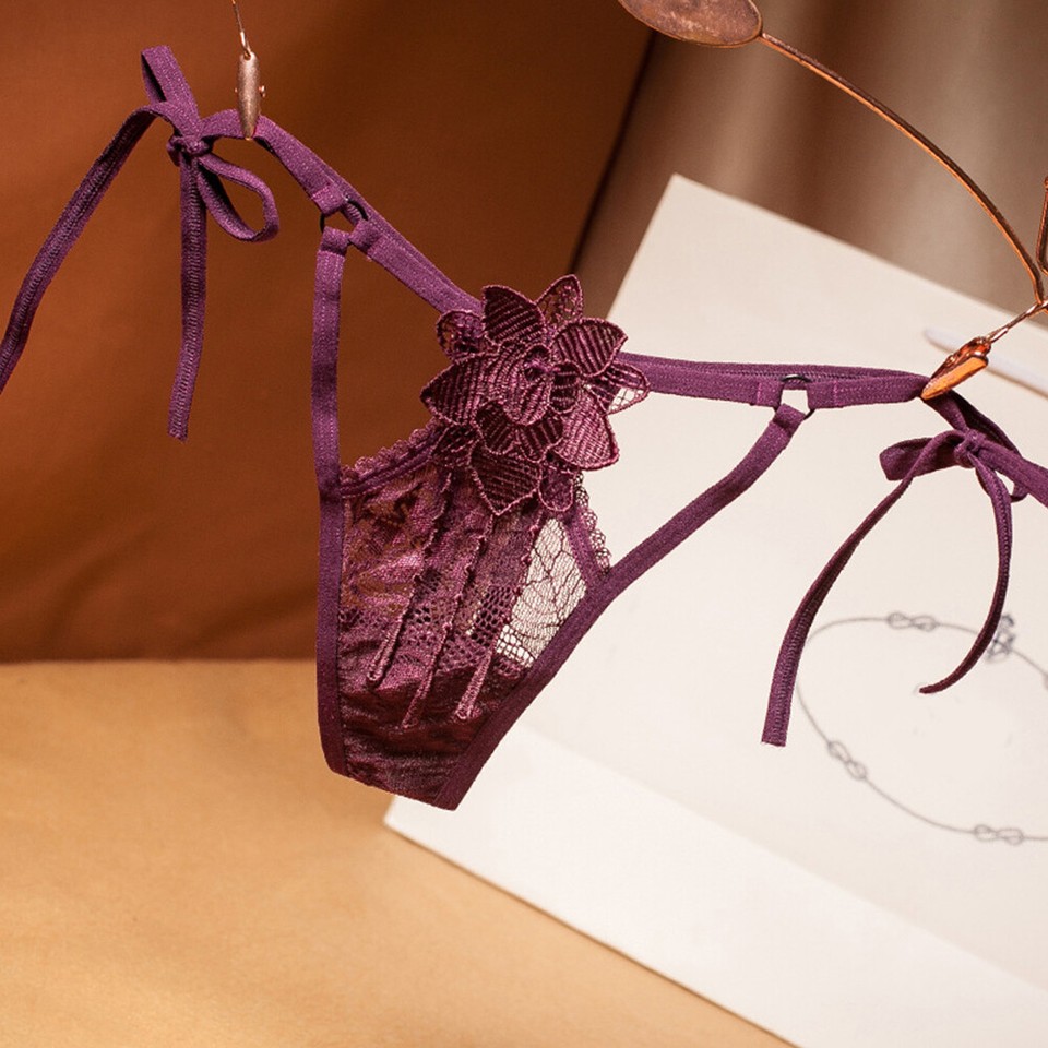 Women Sexy Thong G-String Panties Knickers Tie-Side Contrast Sheer Lace ...