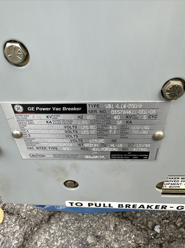 GE Power/Vac 1200A VB1 4.16-250-3 5 kV Vacuum Breaker PowerVac 1200 Amp ...