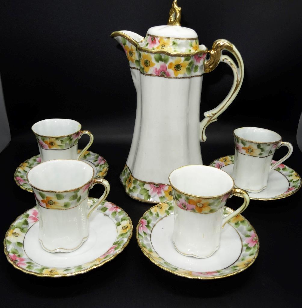 ANTIQUE HAND PAINTED NIPPON CHOCOLATE POT AND FOUR CUPS AND SAUCERS | eBay