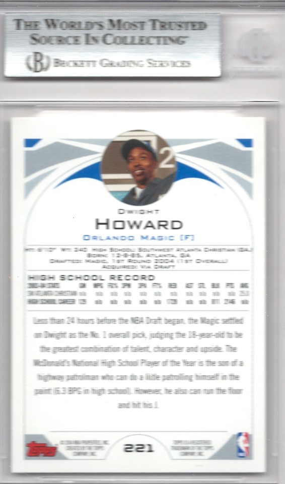2004 Topps Dwight Howard #221 BGS 9 ROOKIE RC. Magic Lakers 76ers Hawks ...