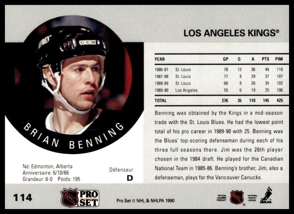 1990-91 Pro Set #114 Brian Benning | eBay