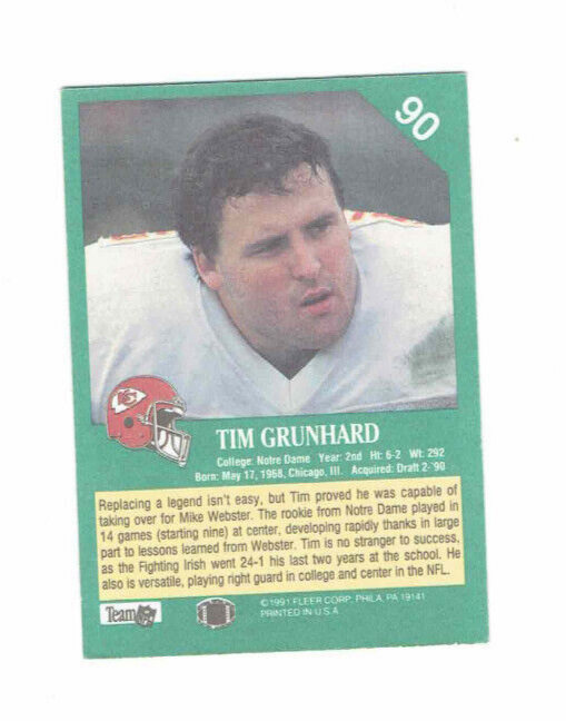 Tim Grunhard Kansas City Chiefs OL #90 Fleer 1991 #Football Card | eBay