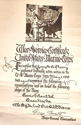 USMC MARINE CORPS SERVICE CERTIFICATE WWI AEF FRANCE 1919 4TH BRIG. 2ND ...