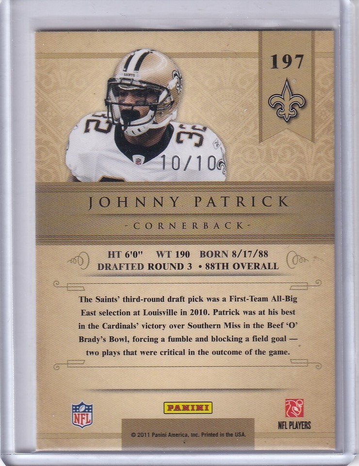 JOHNNY PATRICK 2011 Panini Gold Standard Black Gold #197 10/10 Saints ...