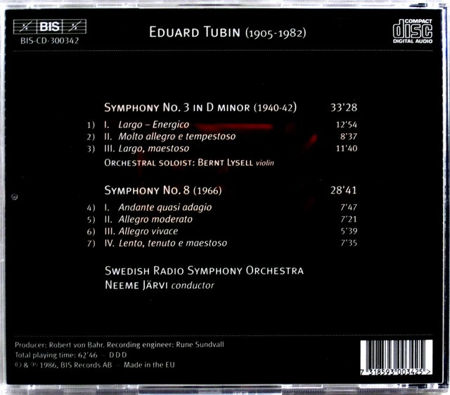 Eduard Tubin: Symphonies Nos. 3 & 8 (CD, Jun-2003, BIS (Sweden)) for ...