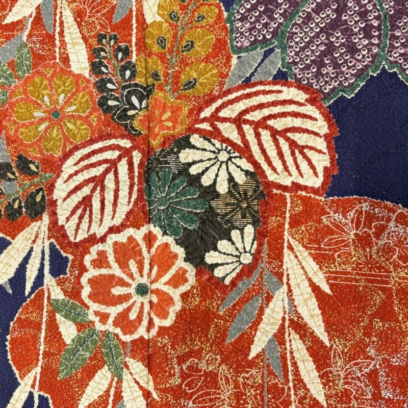 Japanese Furisode Silk Kimono M 161cm Navy blue Grass and flowers Cloud ...