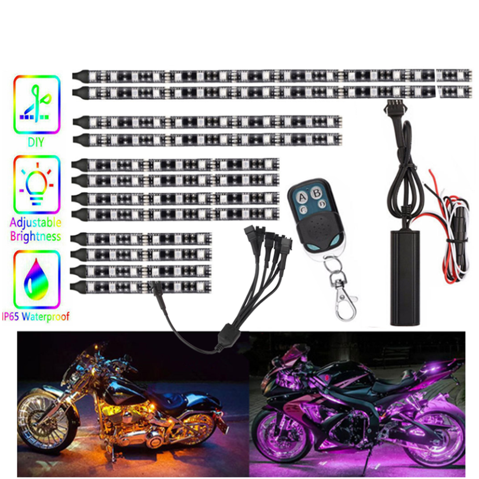 12PCS RGB Colorful Motorcycle LED Light Under Glow Neon Strip Remote ...