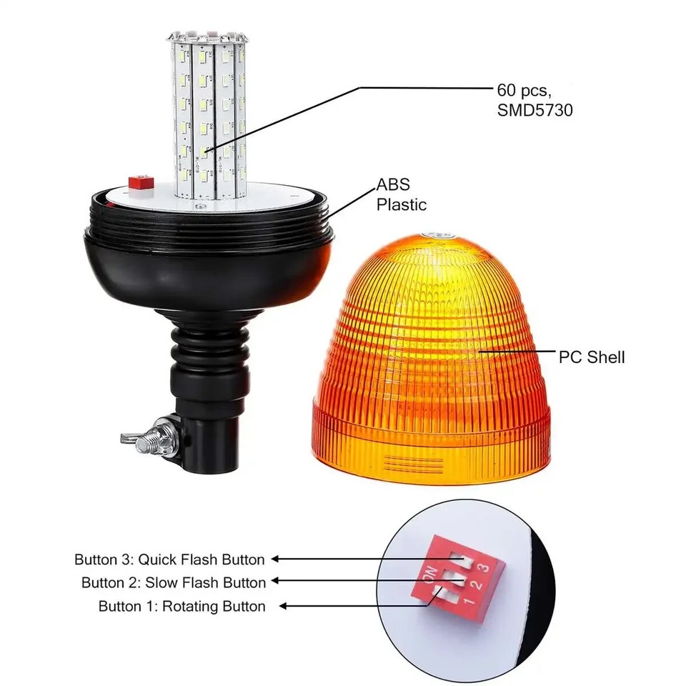 2x 60 LED Rotating Flashing Beacon Flexible DIN Pole Mount Tractor ...