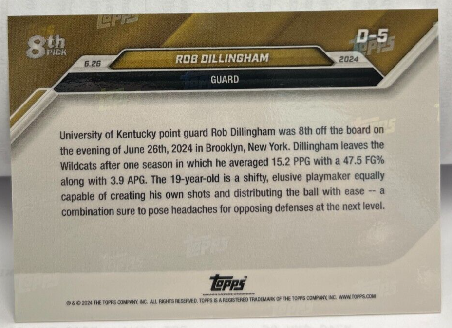 Rob Dillingham 2024 Topps Now NBA Draft 8th Pick #D-5 TIMBERWOLVES BLUE ...