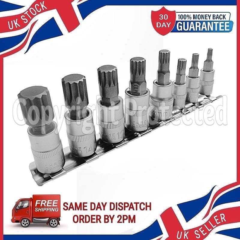 8PC 12PT SPLINE BIT STAR SOCKET SET M10 - M16 1/4" & 3/8" DRIVE RAIL HOLDER RACK | eBay UK