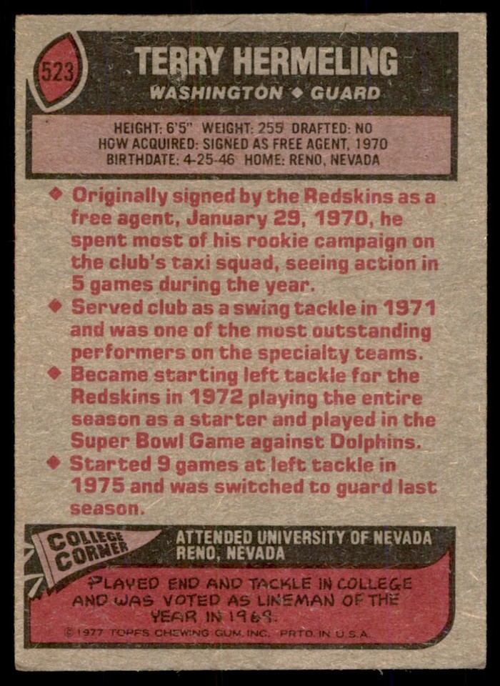 1977 TOPPS TERRY HERMELING . WASHINGTON REDSKINS #523 | eBay