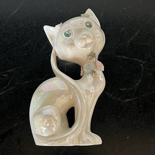 Vintage Lefton Iridescent Porcelain Cat Figurine With Blue Rhinestone ...