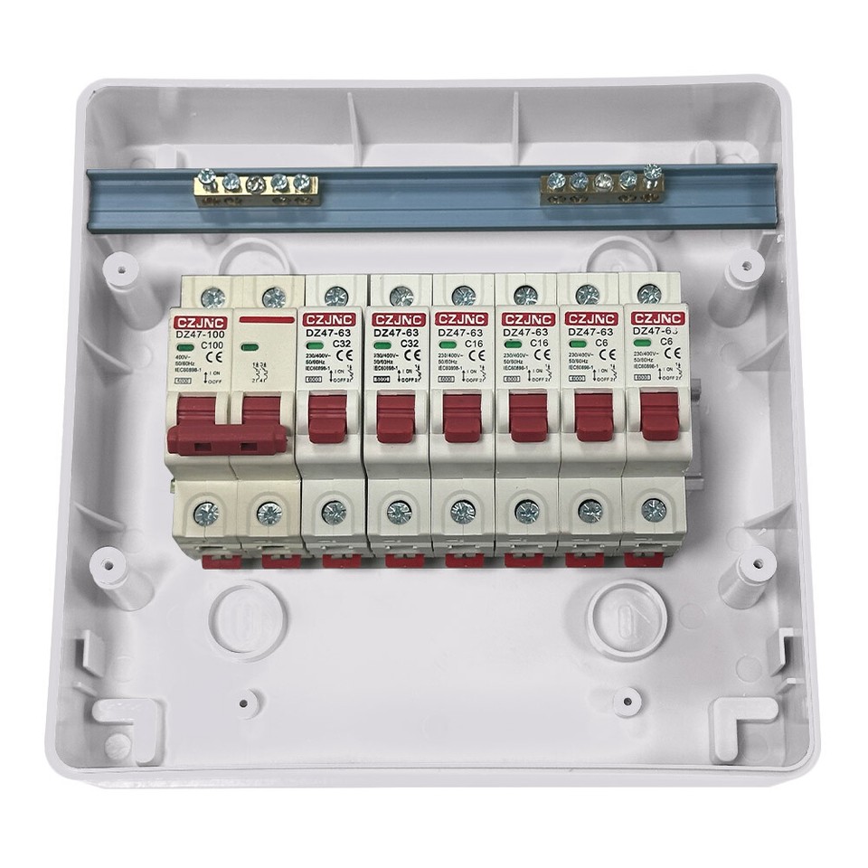 8 Way Weatherproof Garage Shed Consumer Fuse Box 100A Mains Switch + 8 ...