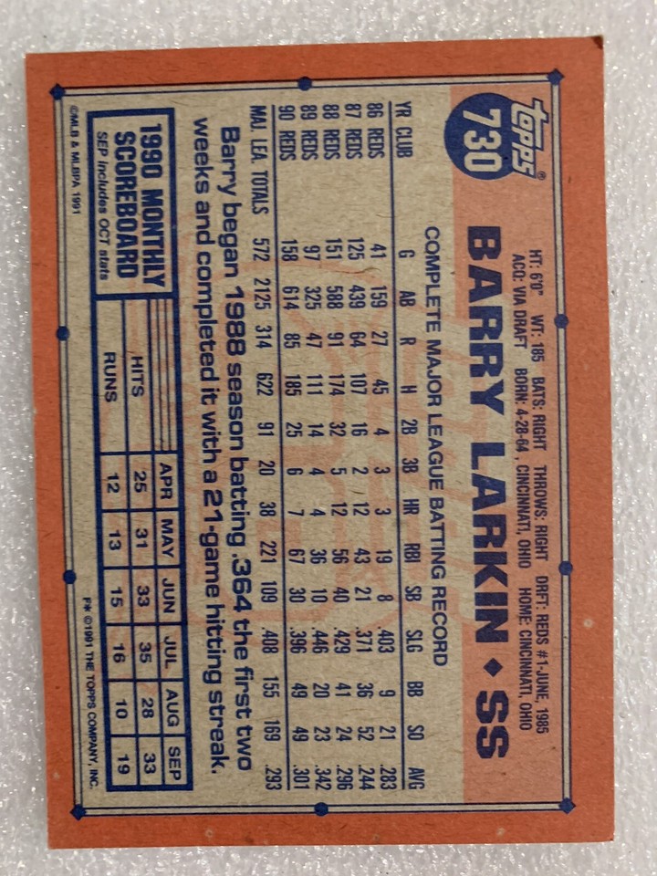 1991 Topps 40 Years of baseball Barry Larkin #730 Cincinnati Reds MLB ...