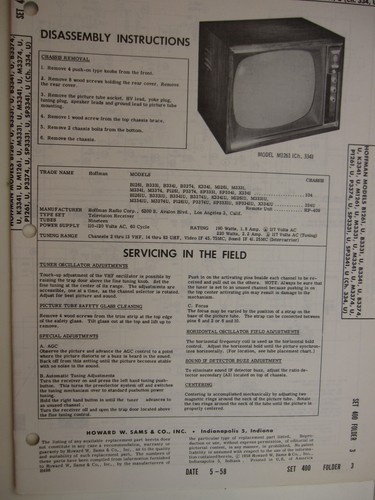 SF 50's Sams Photofact HOFFMAN Model B1261, B3341, B1261U, M3341U ...