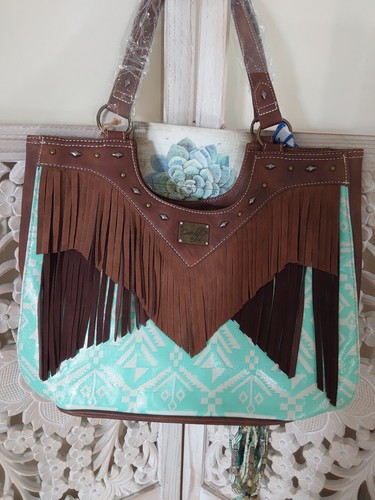 Catchfly Brown and Seafoam Green Southwest / Western Style Fringed Tote ...