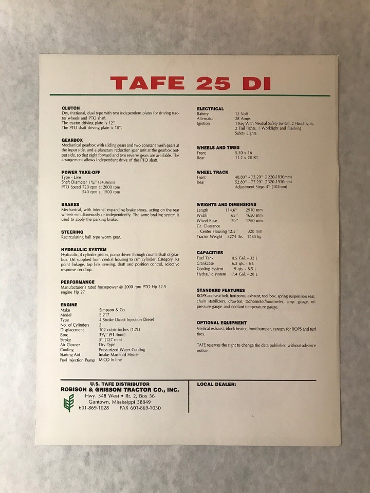 TAFE 25 DI Tractor Dealers Brochure CDIL | eBay