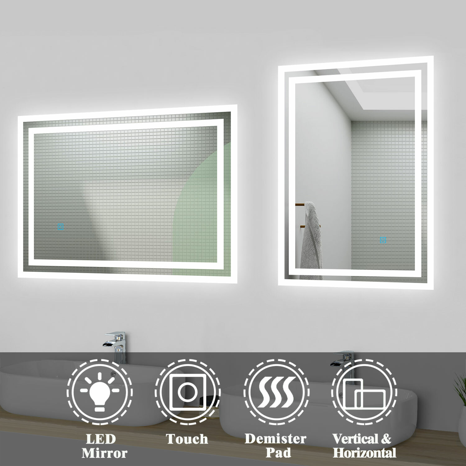 LED Cloakroom Bathroom Mirror Lights Touch Switch Illuminated Anti Mist ...
