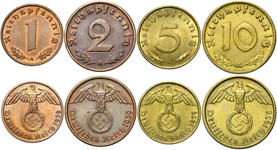 Nazi German Third Reich WW2 LOT of 4 Coins 1 2 5 10 Reichspfennig 1936 ...