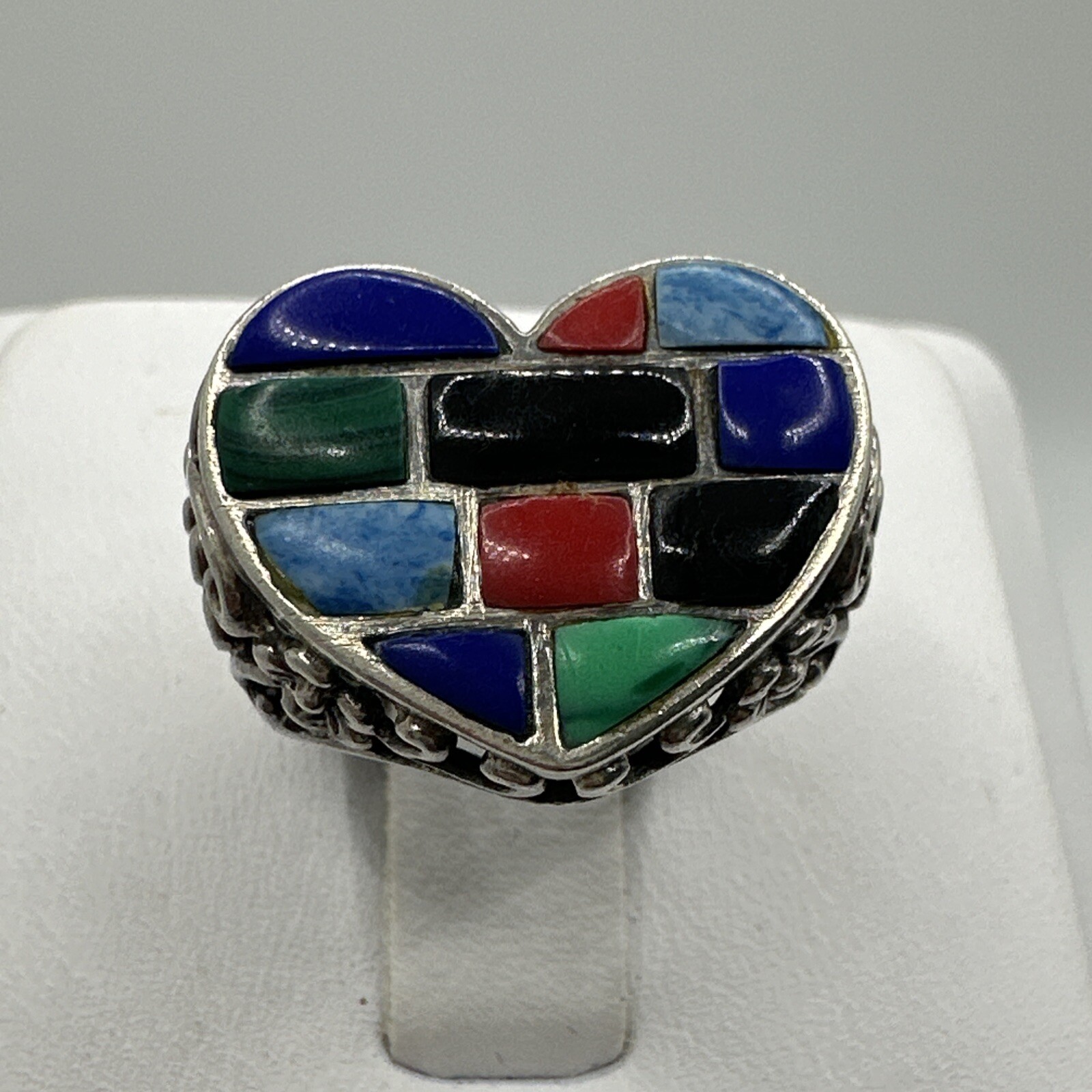 Multi Gemstone Ring Sterling Silver Heart Southwest T… - Gem