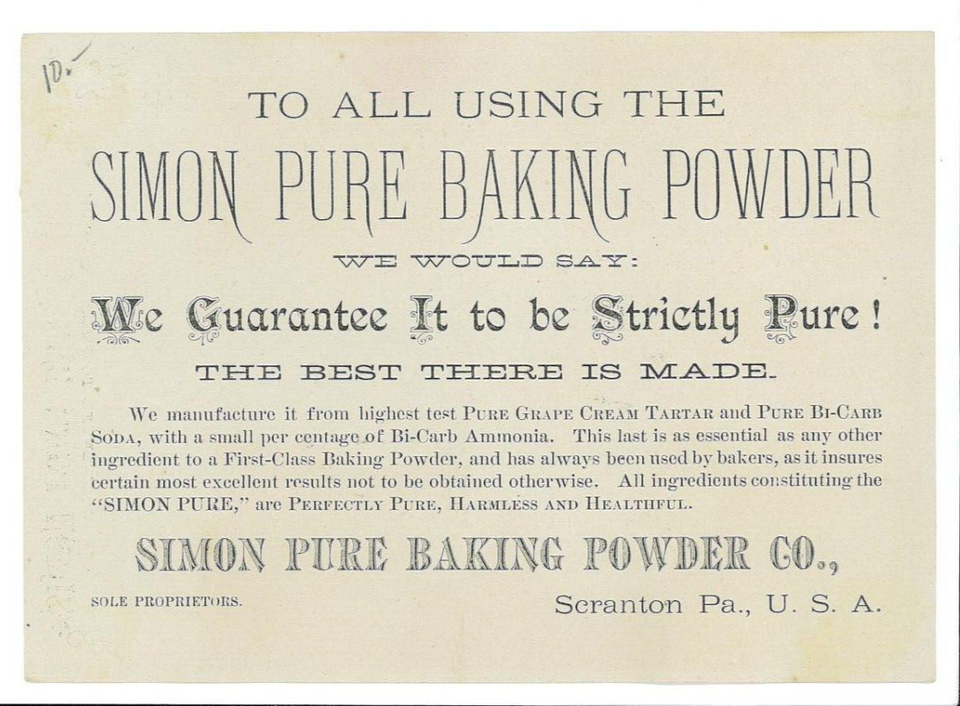 trade card *SIMON PURE BAKING POWDER, Scranton Pa, U.S.A., S6D-TC-3517 ...