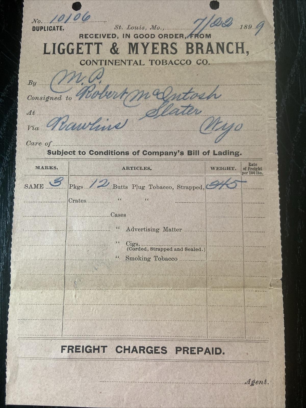 Liggett & Myers Branch Continental Tobacco Co (July 22, 1899) (St Louis ...