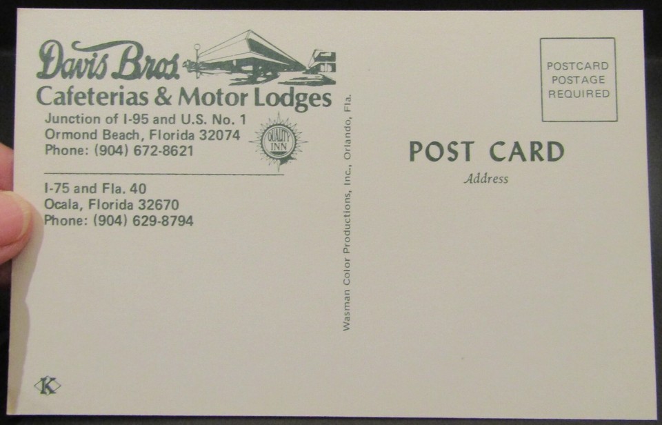Davis Bros. Cafeterias & Motor Lodges, Ormond Florida, Vintage Postcard ...