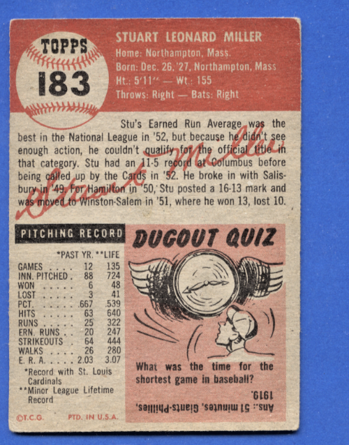 1953 Topps Baseball #183 Stu Miller RC - St. Louis Cardinals Ex | eBay